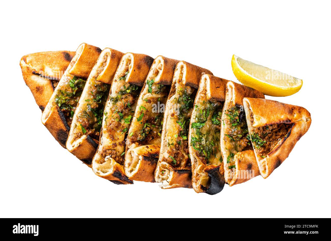 Sliced Turkish flatbread pide, Turkish pizza. Isolated, white ...