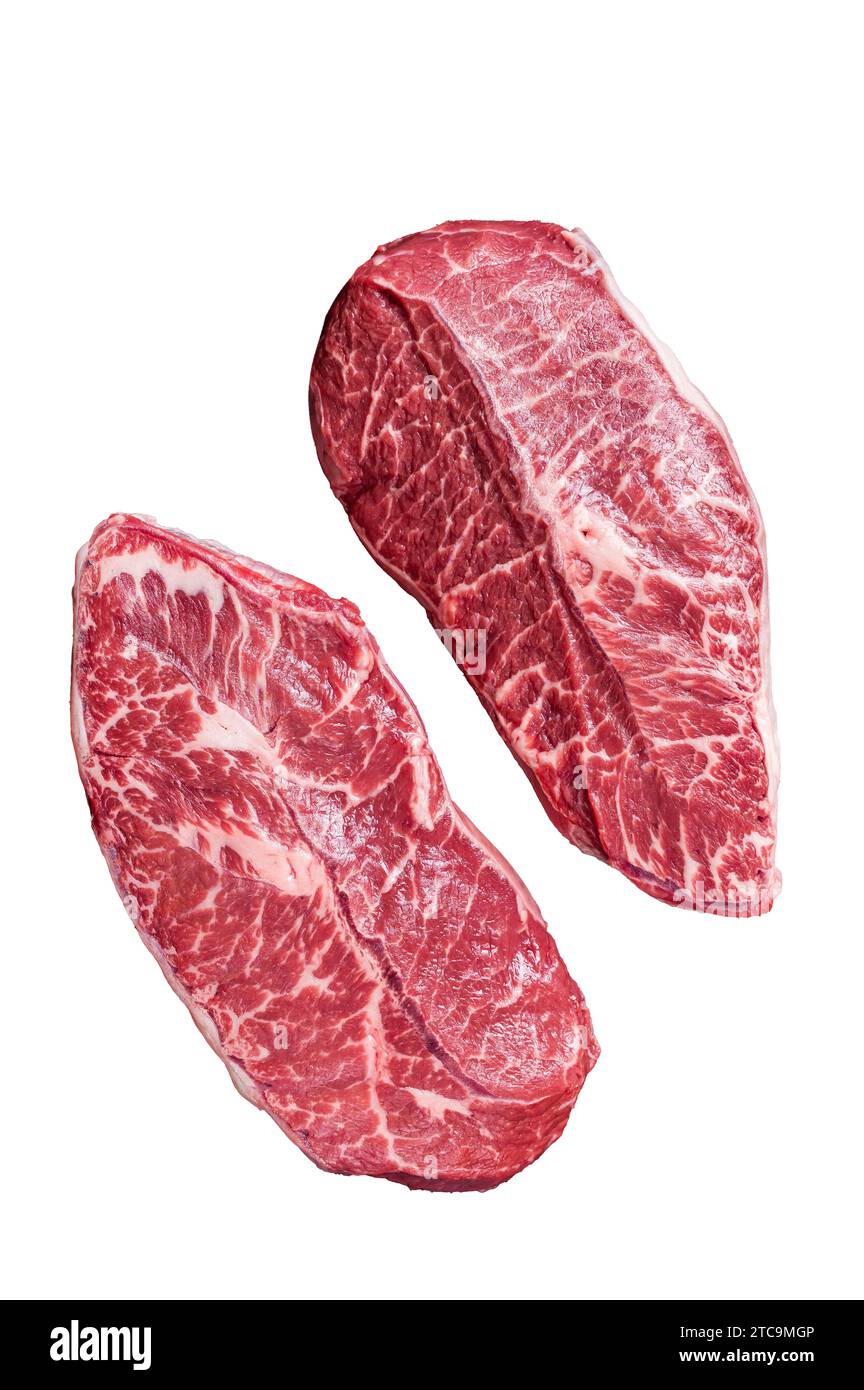 Raw Top Blade or flat iron beef meat steaks on a butcher table ...