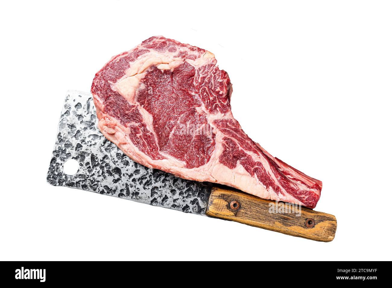 Dry aged Tomahawk rib eye steak, raw beef meat on butcher table ...