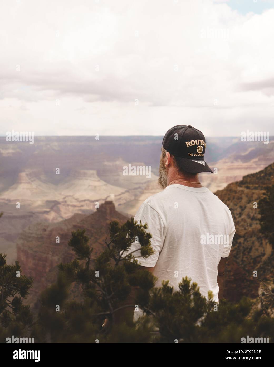 A young adult male stands atop a rocky peak, striking a confident and ...
