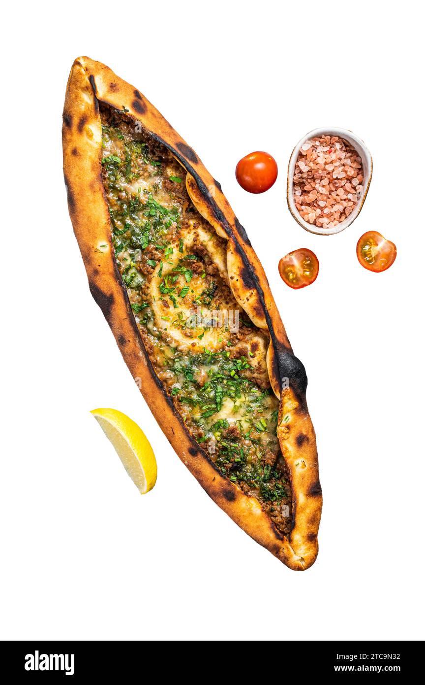 Turkish pide, traditional pie with beef meat and vegetables. Isolated ...