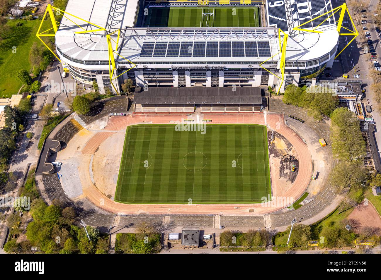 Aerial view, BVB stadium Rote Erde with construction site and ...
