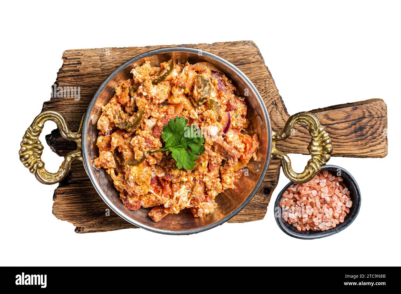 Turkish Menemen omelet with vegetabls and sucuk in askillet. Isolated ...