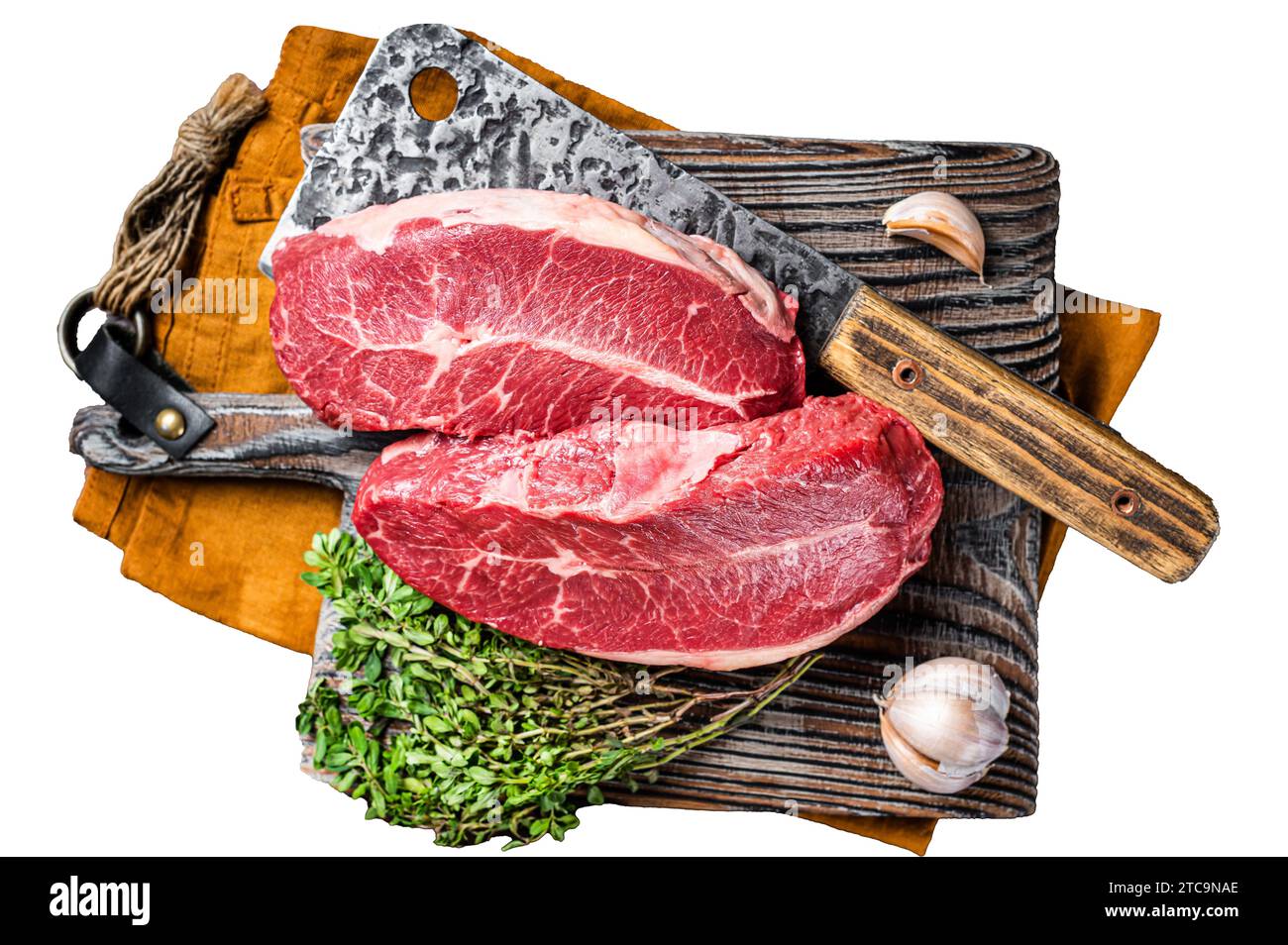 Dry aged Raw top blade beef meat steaks. Isolated, white background ...