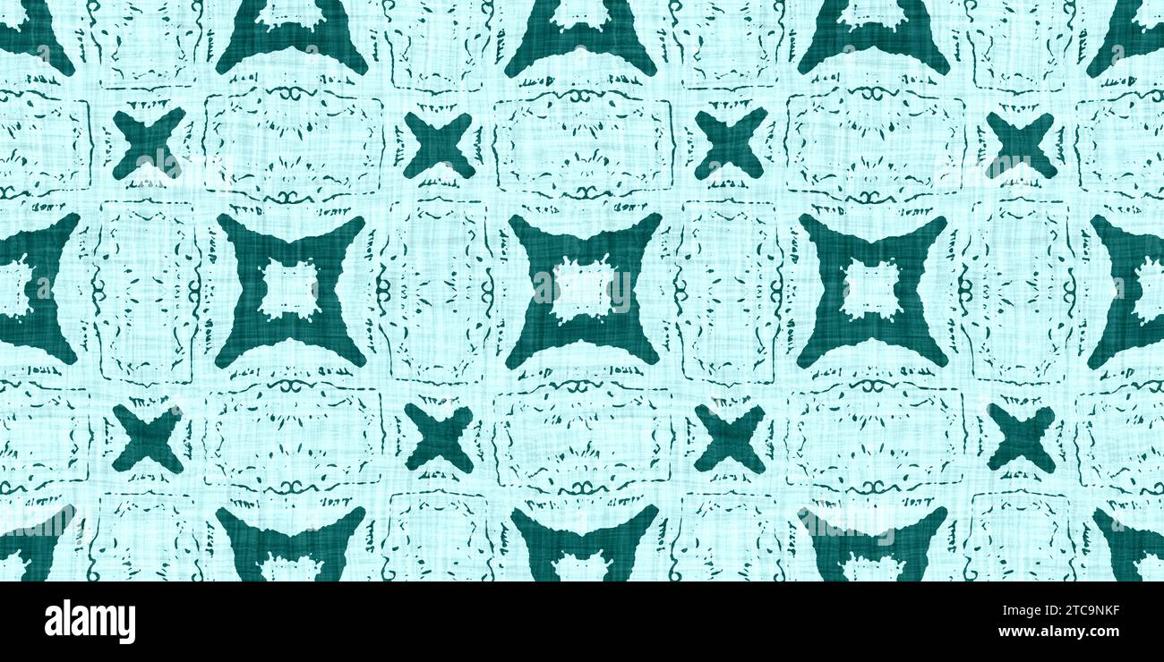 Teal green white vibrant watercolor batik azulejos tile border banner ...