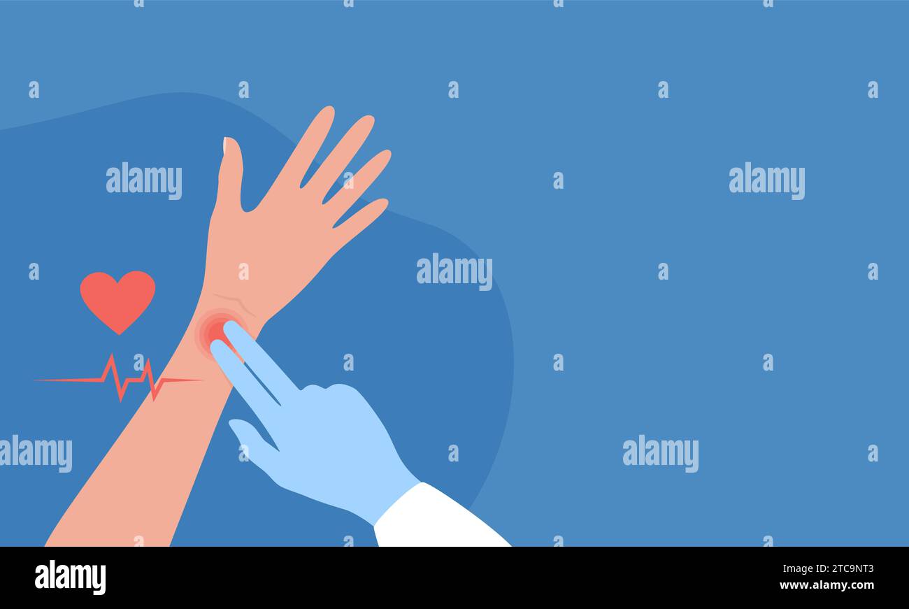 A doctor measuring a patient's pulse, copy space. Flat vector ...