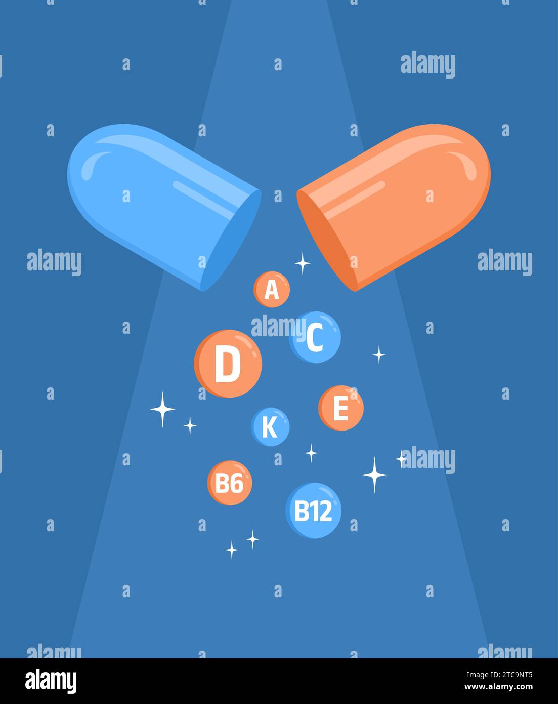 Open capsule with vitamins on a blue background, flat vector ...