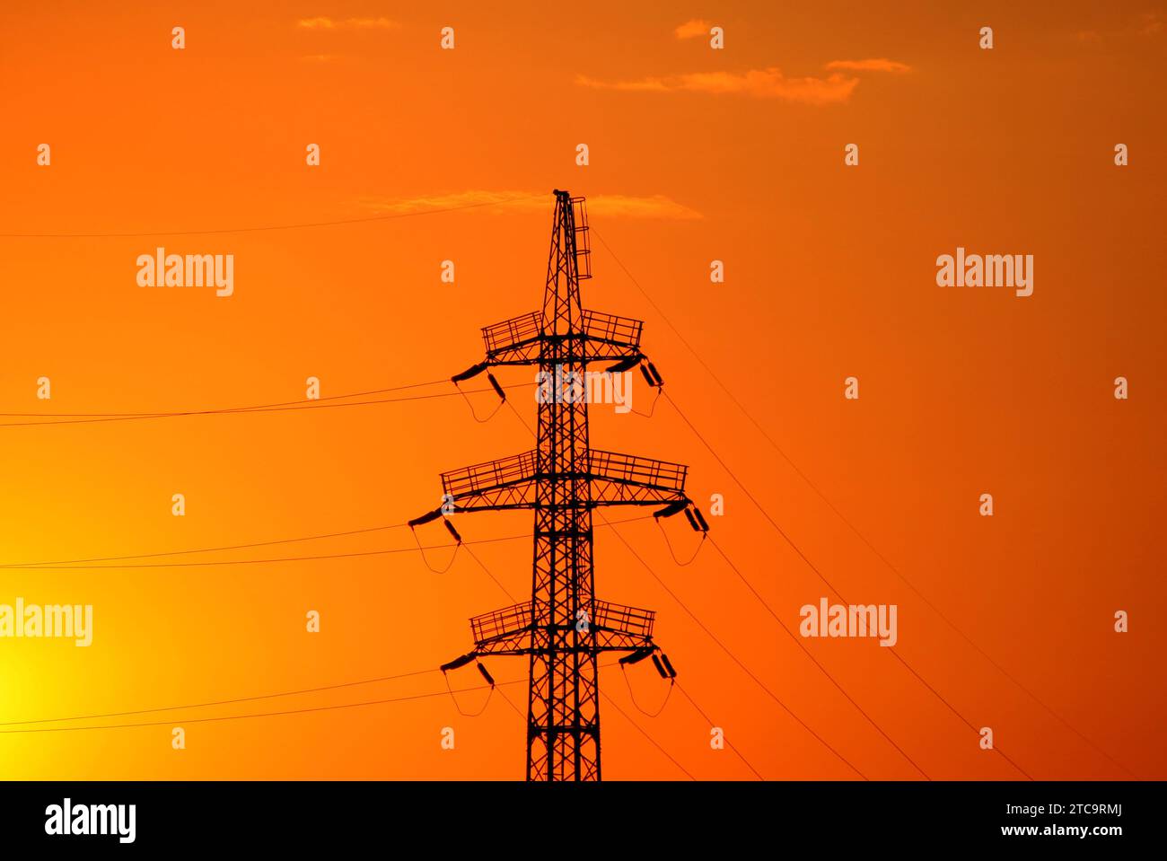 High voltage electricity line in Ukraine On Sunset. Concept of Russian ...