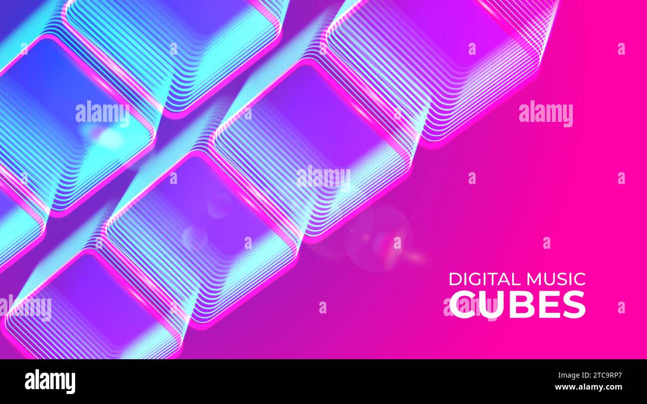 Digital neon glowing cyber cubes. Musical, gaming, technology ...
