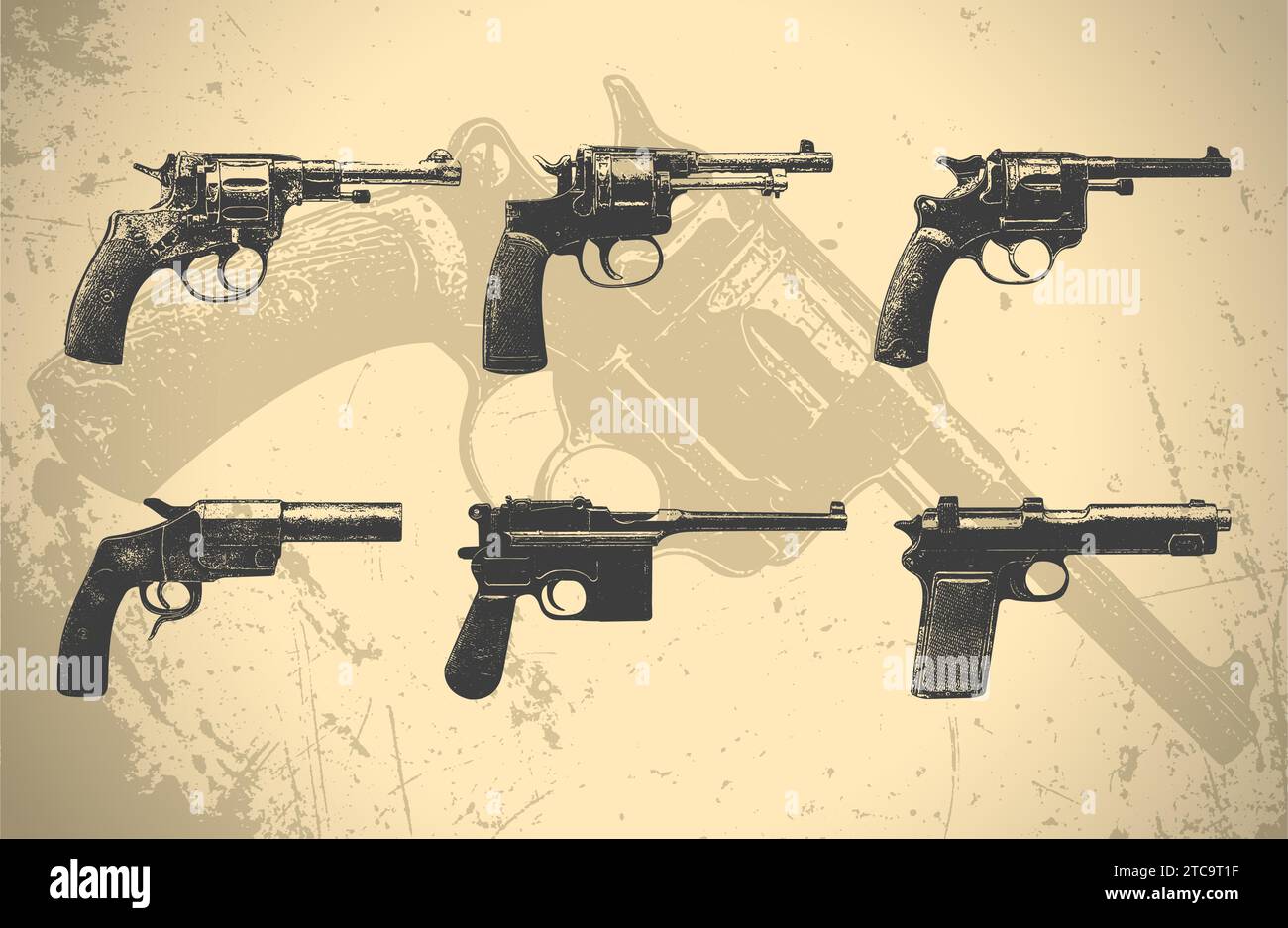 Retro classic handguns set. Vintage drowing guns. Old pistols and ...