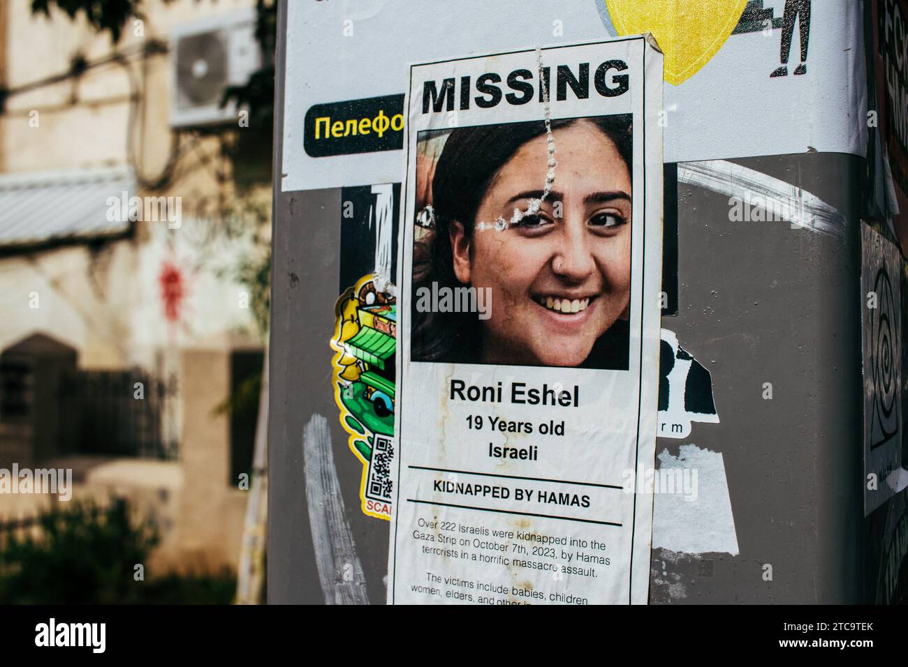 Tel Aviv, Israel - December 10, 2023 Posters of the face of the ...