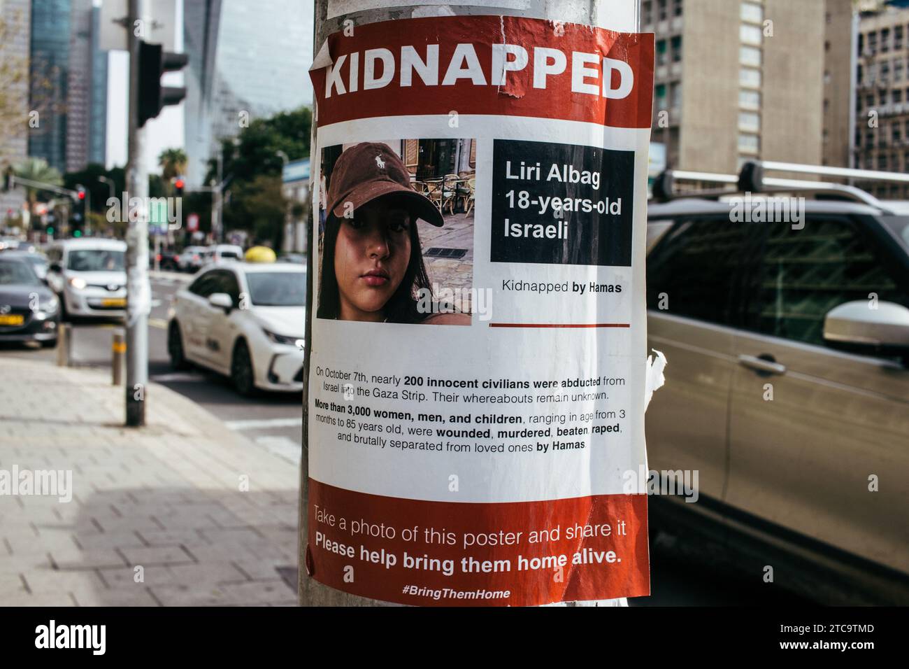 Tel Aviv, Israel - December 10, 2023 Posters of the face of the ...