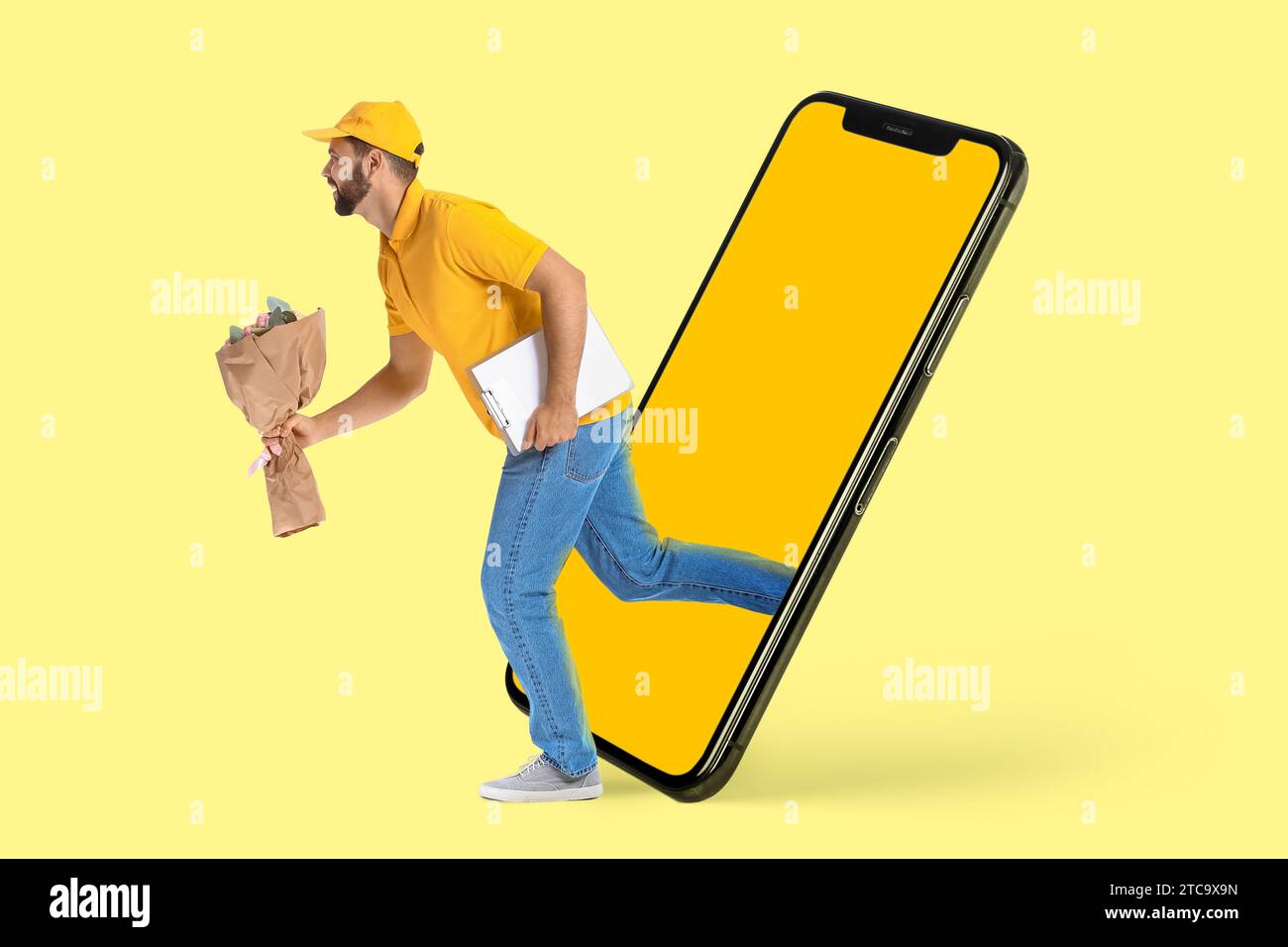 Running male courier with bouquet of flowers and big smartphone on ...