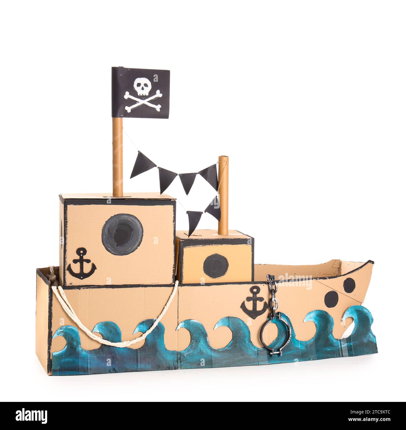 Pirate cardboard ship on white background Stock Photo - Alamy