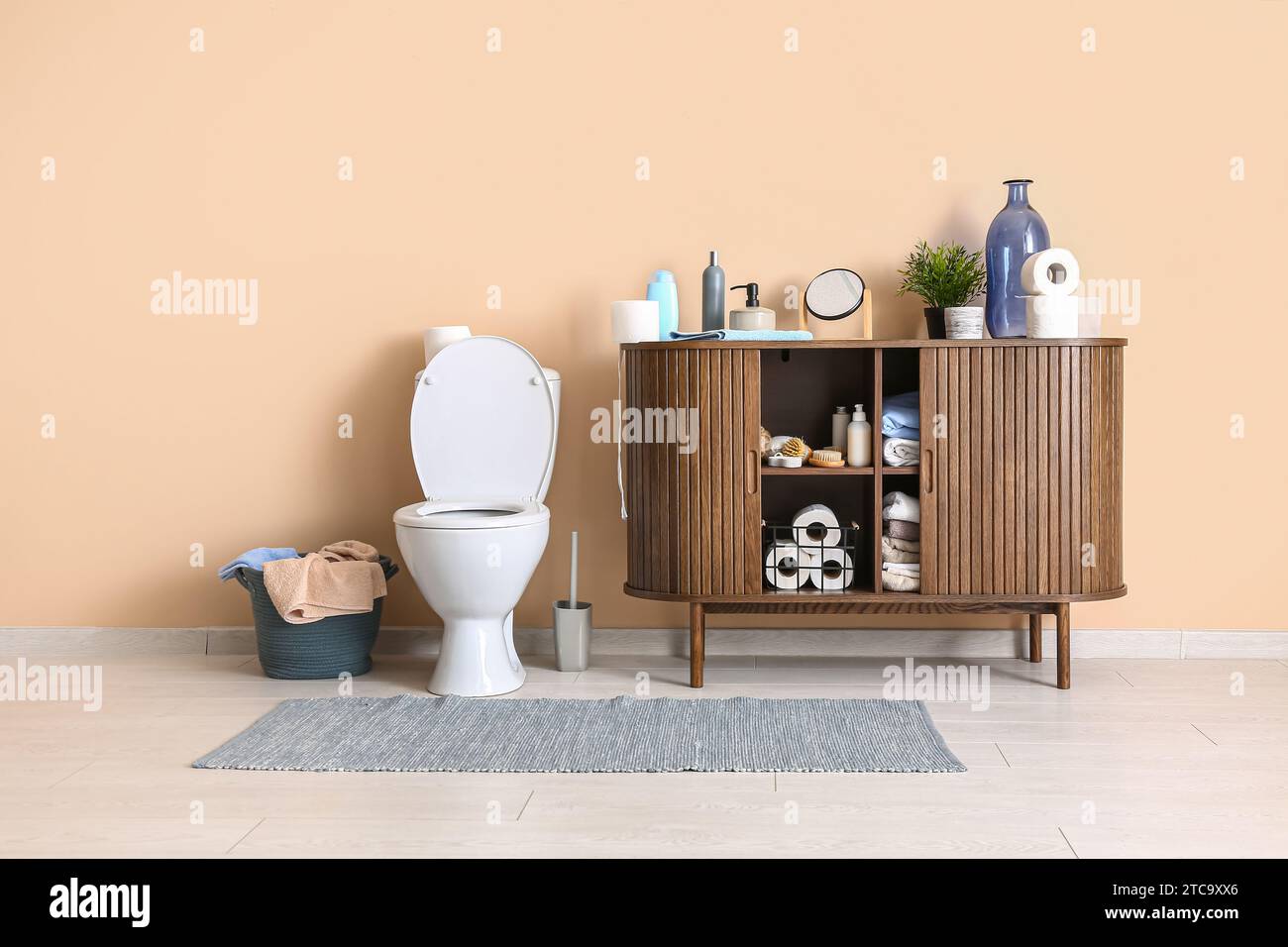 Stylish interior of modern restroom with different bath supplies Stock ...