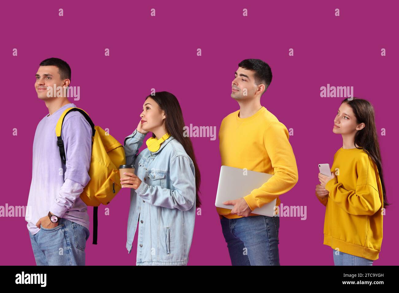 People waiting in line on purple background Stock Photo - Alamy