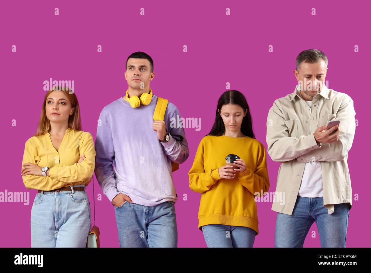 People waiting in line on purple background Stock Photo - Alamy