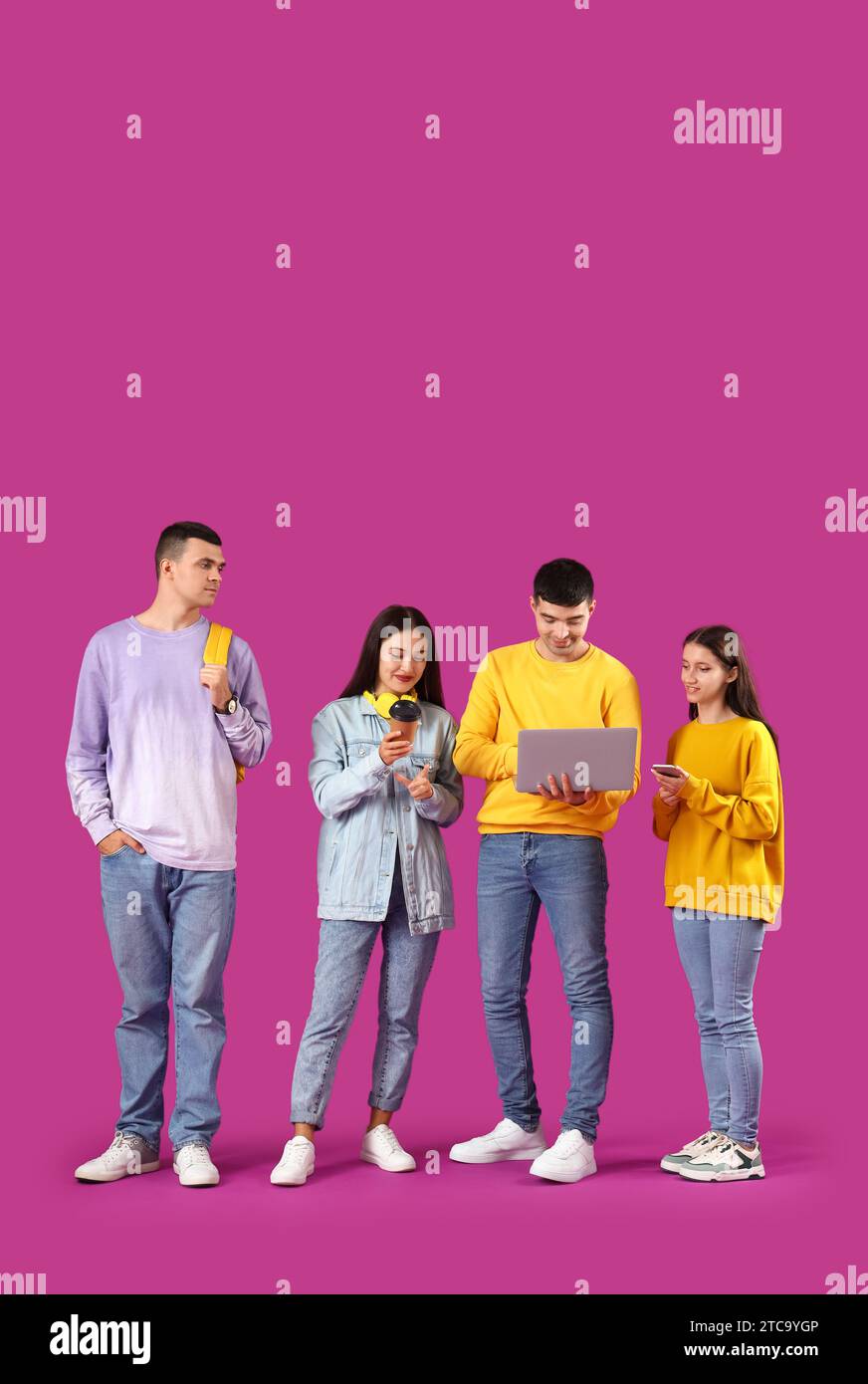 People waiting in line on purple background Stock Photo - Alamy