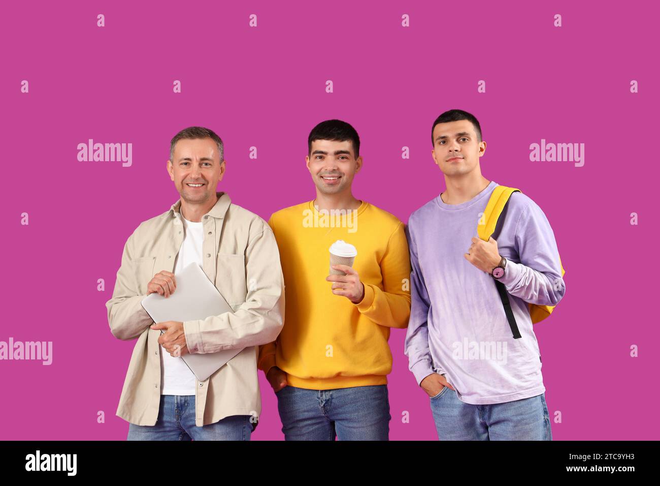 Men waiting in line on purple background Stock Photo - Alamy