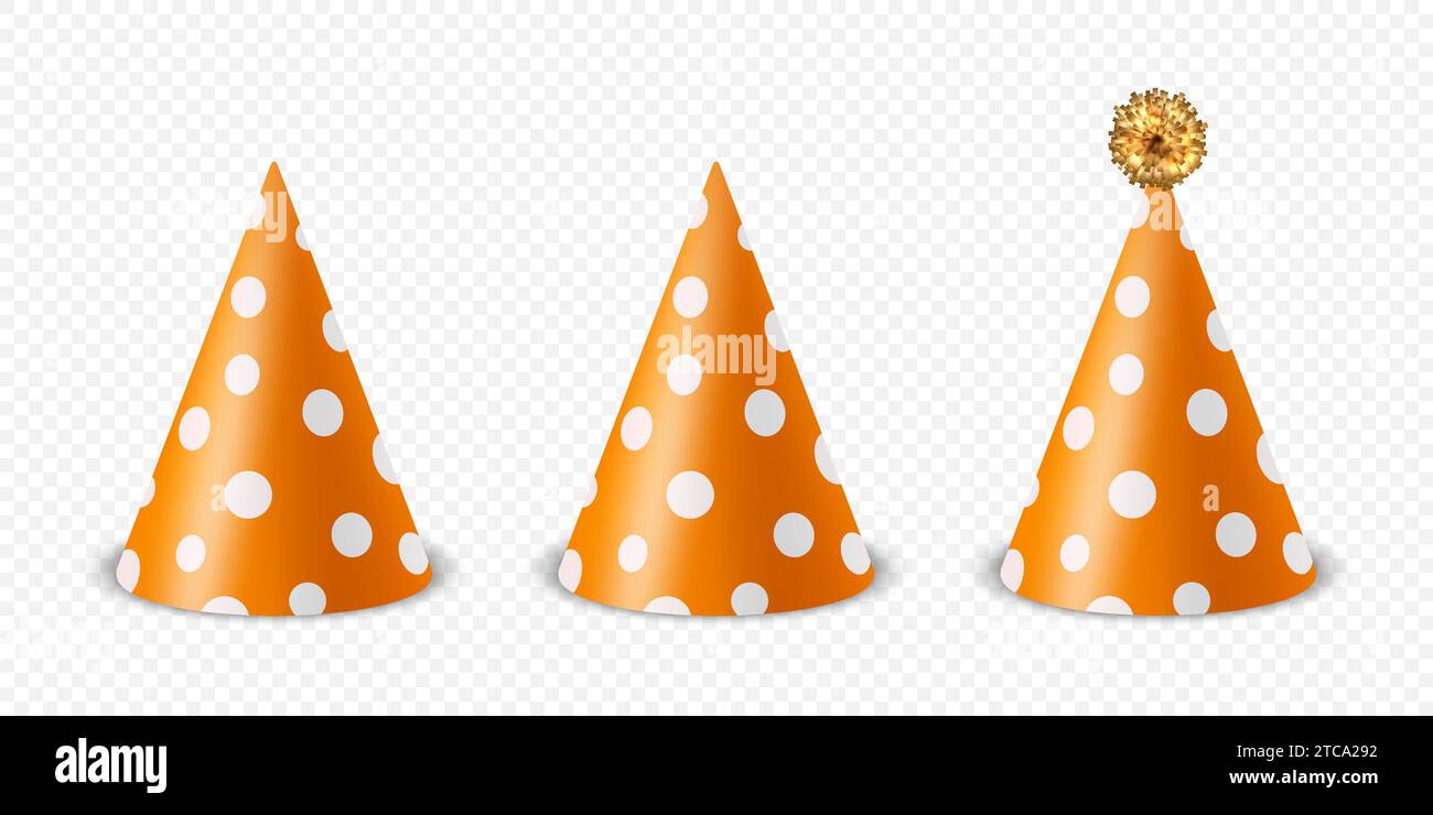 Vector 3d Realistic Orange and White Birthday Party Hat Icon Set ...