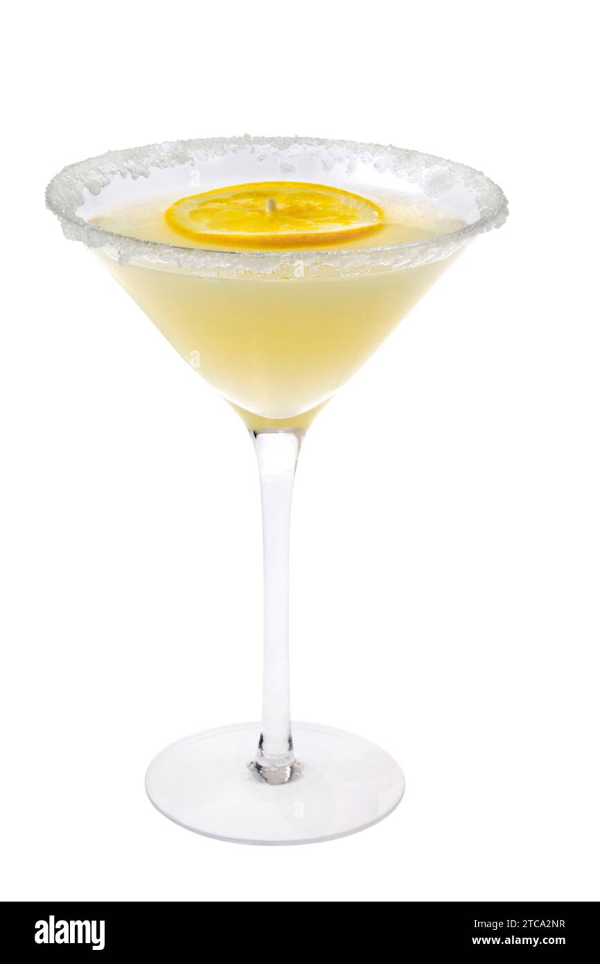 Lemon Drop mixed drink with lemon slice garnish on a white background ...