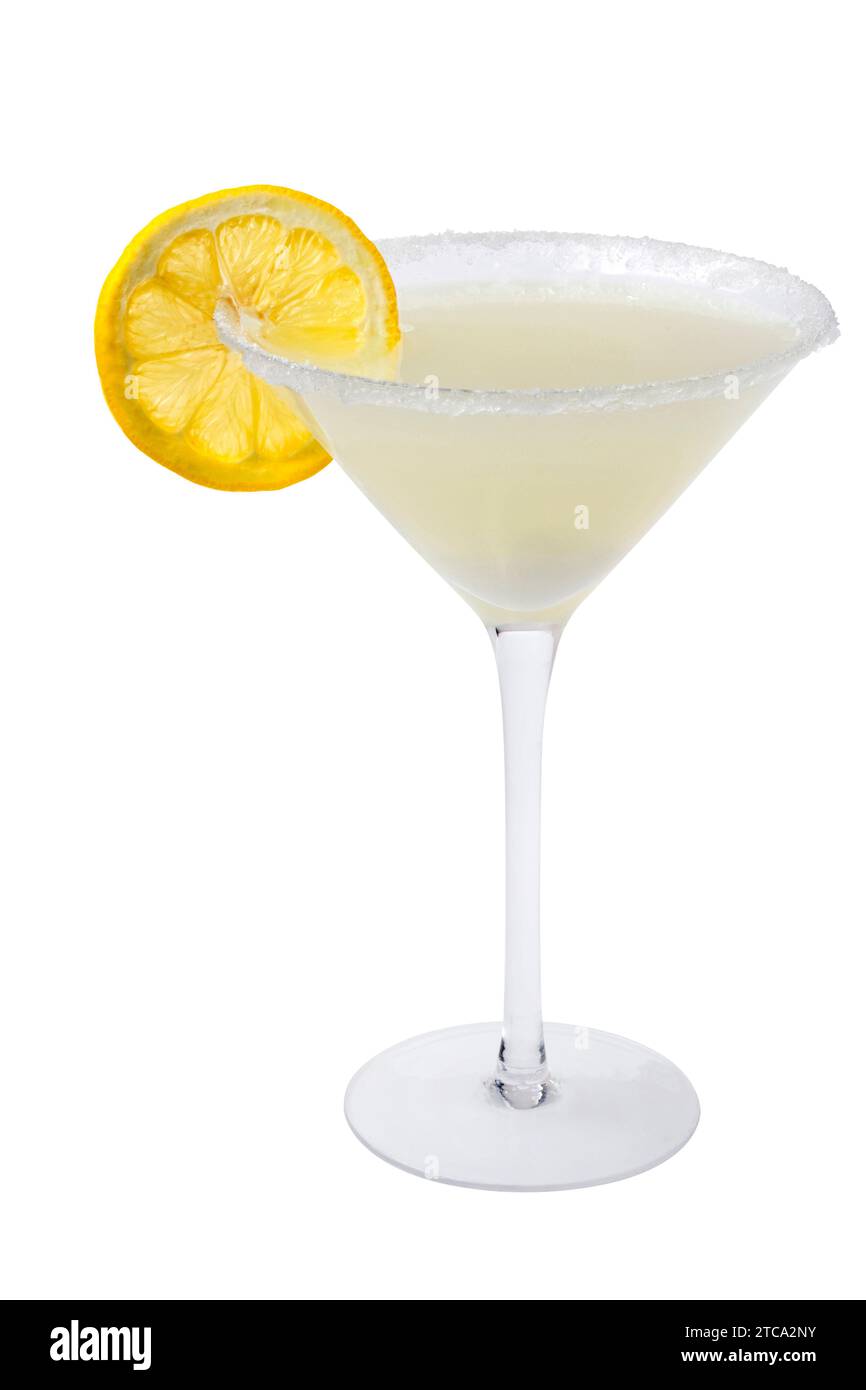 Lemon Drop mixed drink with lemon slice garnish on a white background ...