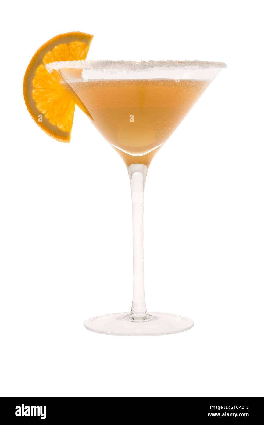 Sidecar mixed drink with orange slice garnish on white background Stock ...
