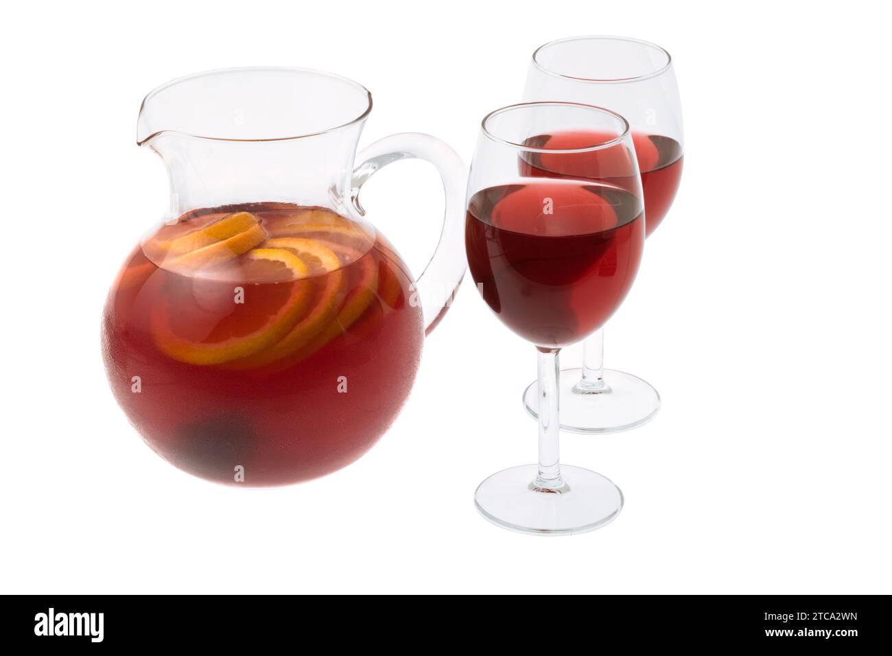 Red Wine Sangria in pitcher with stemware on white background Stock ...