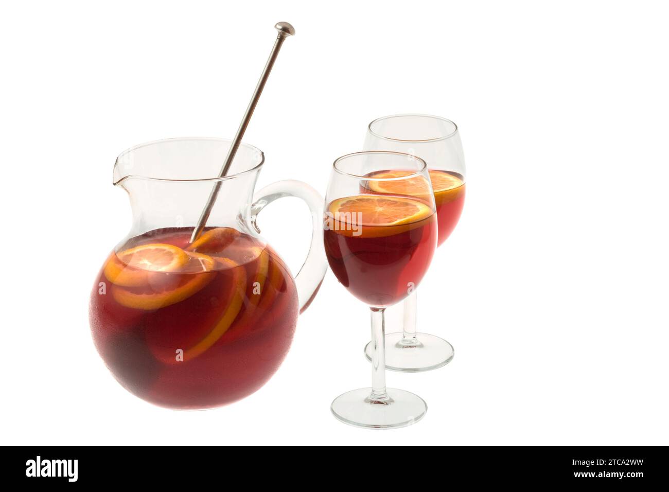 Red Wine Sangria in pitcher with stemware on white background Stock ...