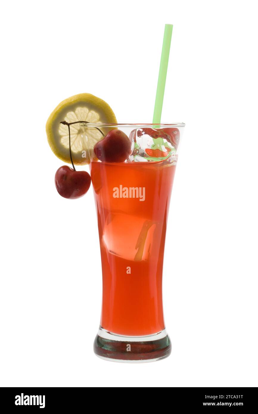 Zombie mixed drink with cherry and lemon garnish on white background ...