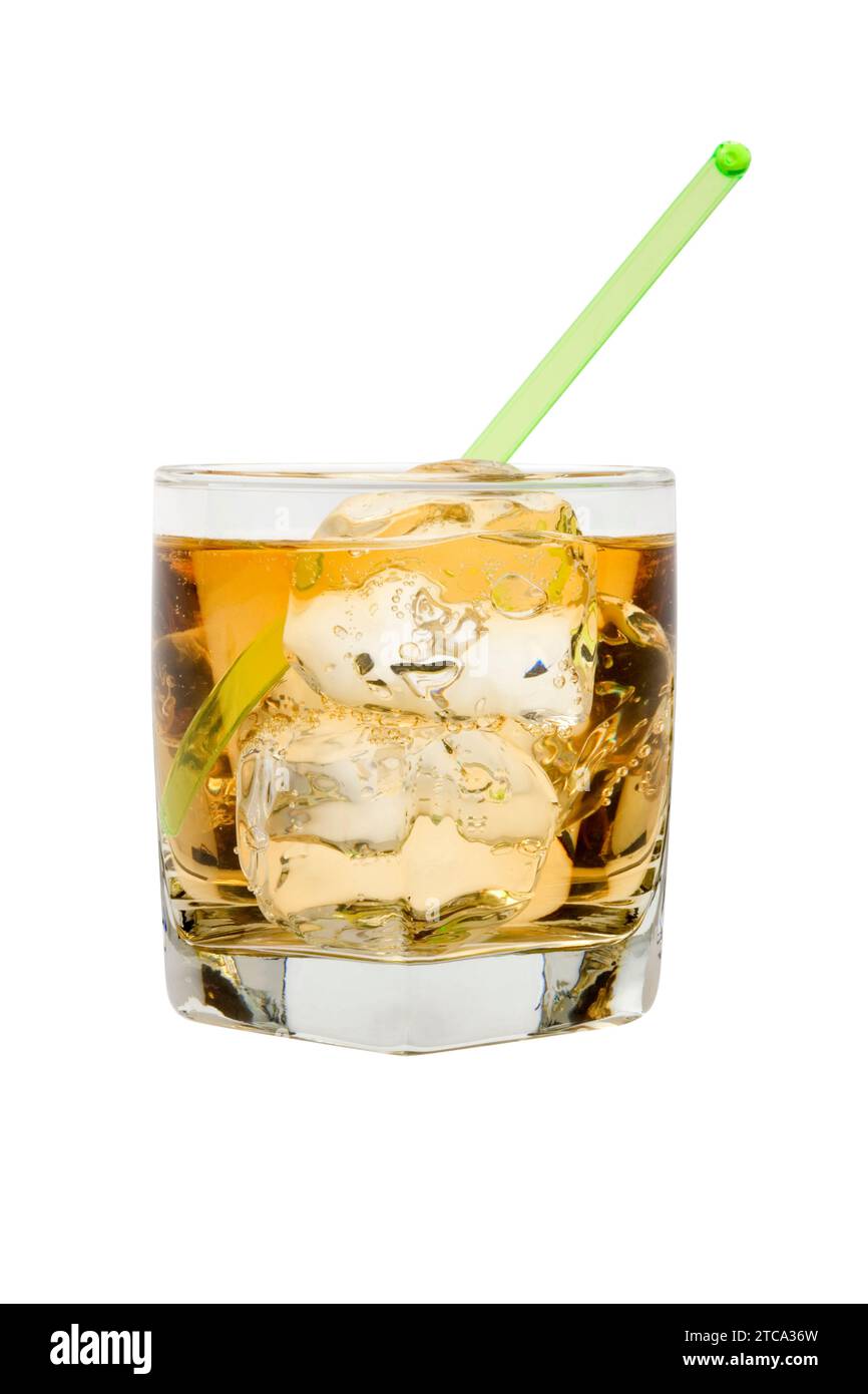 Scotch and water on the rocks on white background Stock Photo - Alamy