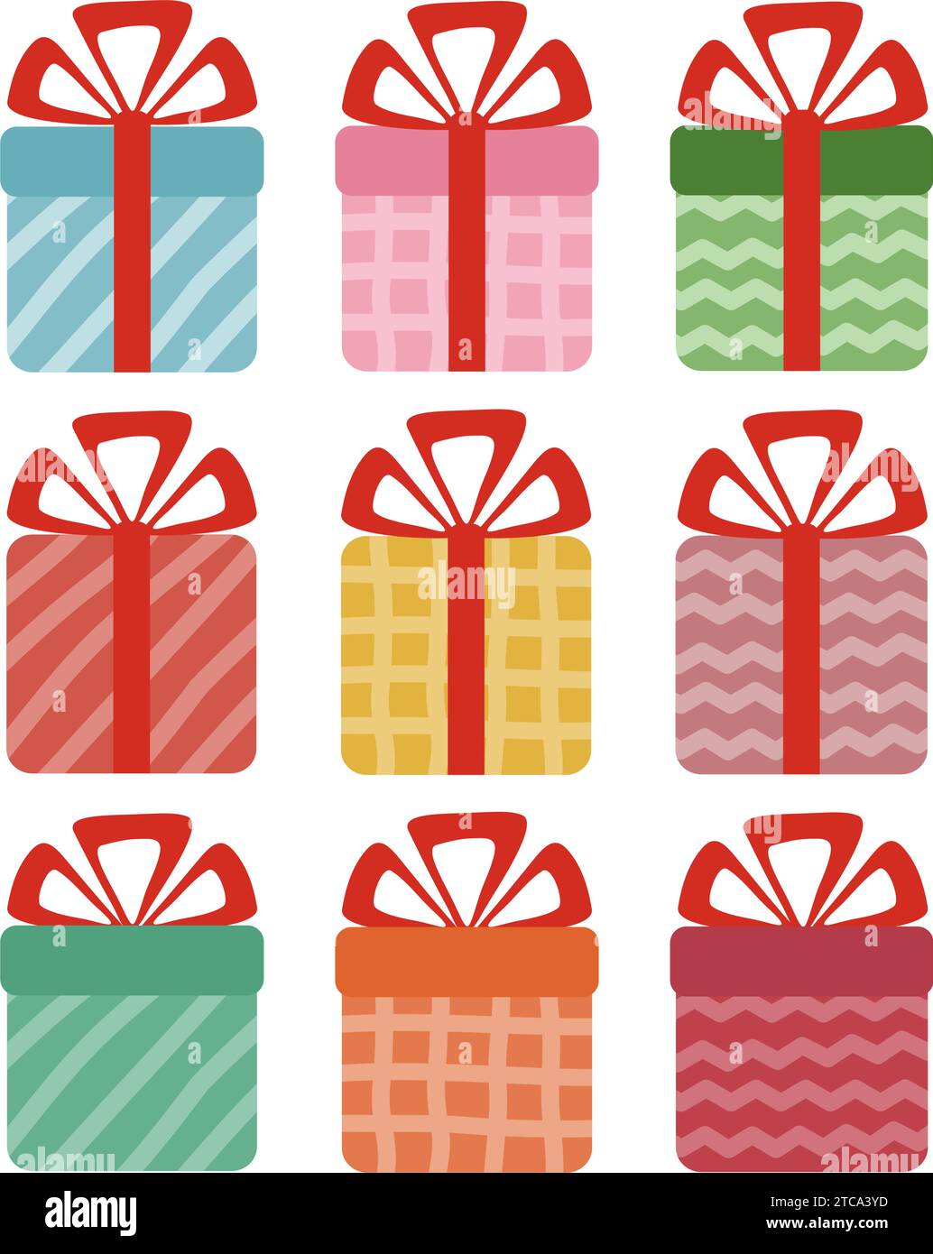 Set of different gift boxes. Colorful gift boxes with bows and ribbons ...