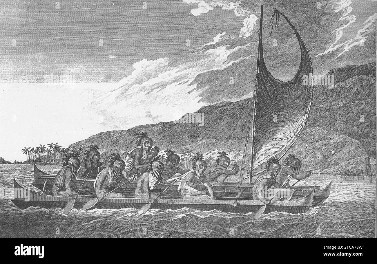 Priests traveling across kealakekua bay for first contact rituals Stock ...