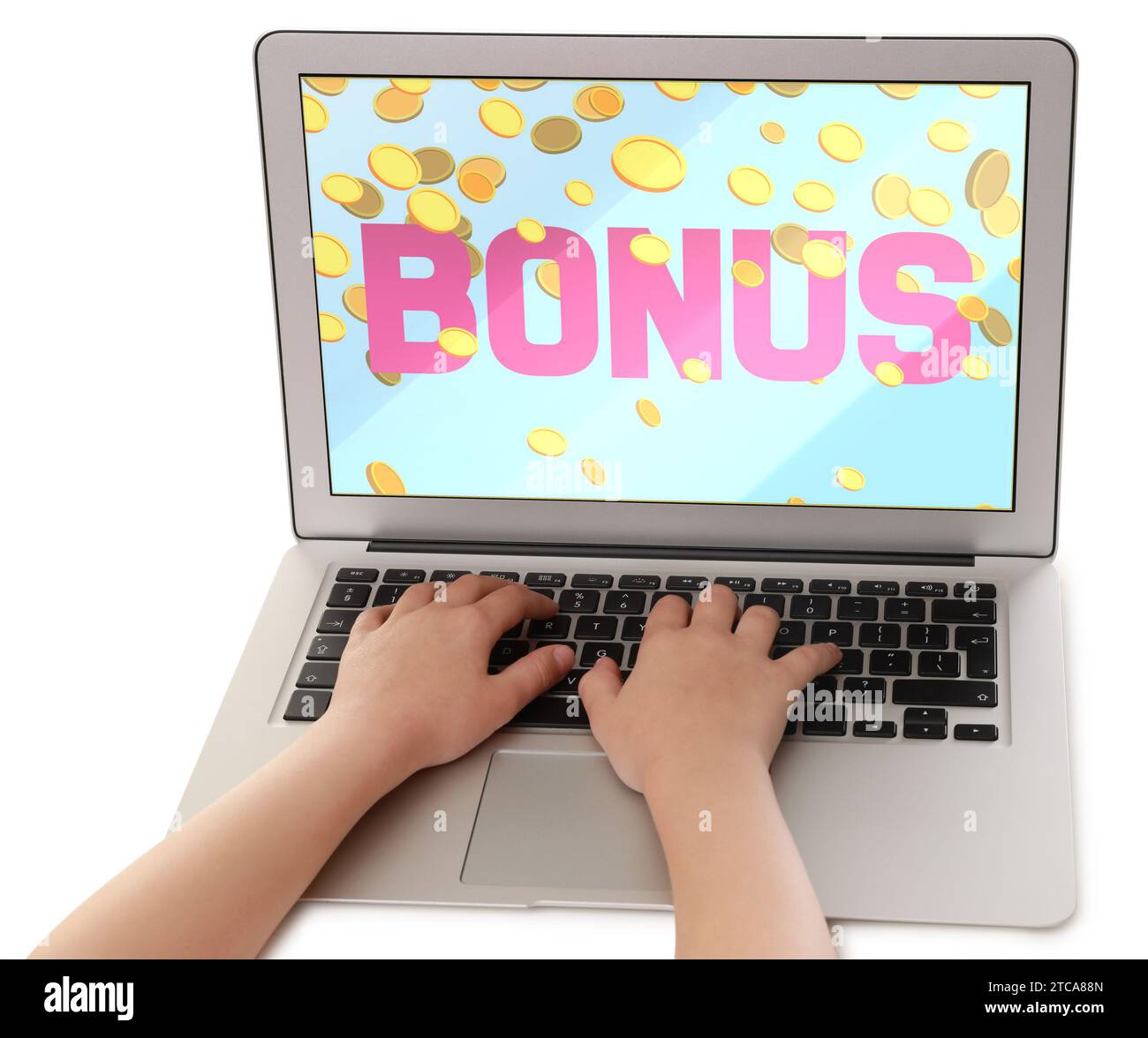 Bonus gaining. Child using laptop on white background, closeup ...
