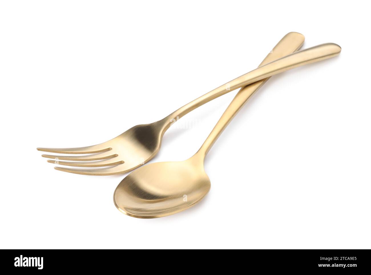 Shiny golden fork and spoon isolated on white. Luxury cutlery Stock ...
