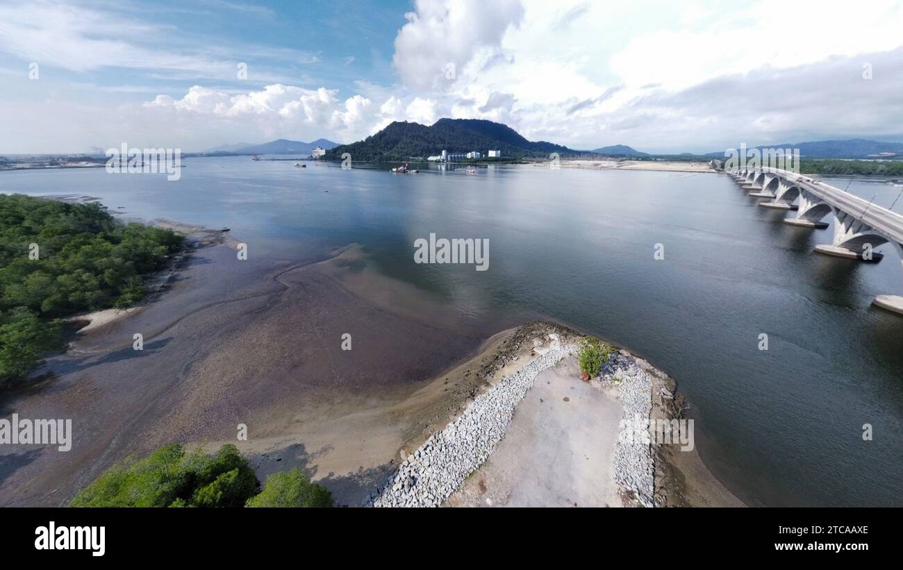 aerial ultra-wide panoramic view on the concrete highway bridge across ...