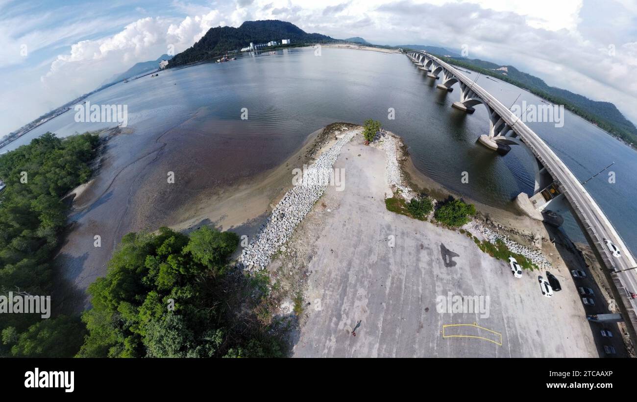 aerial ultra-wide panoramic view on the concrete highway bridge across ...