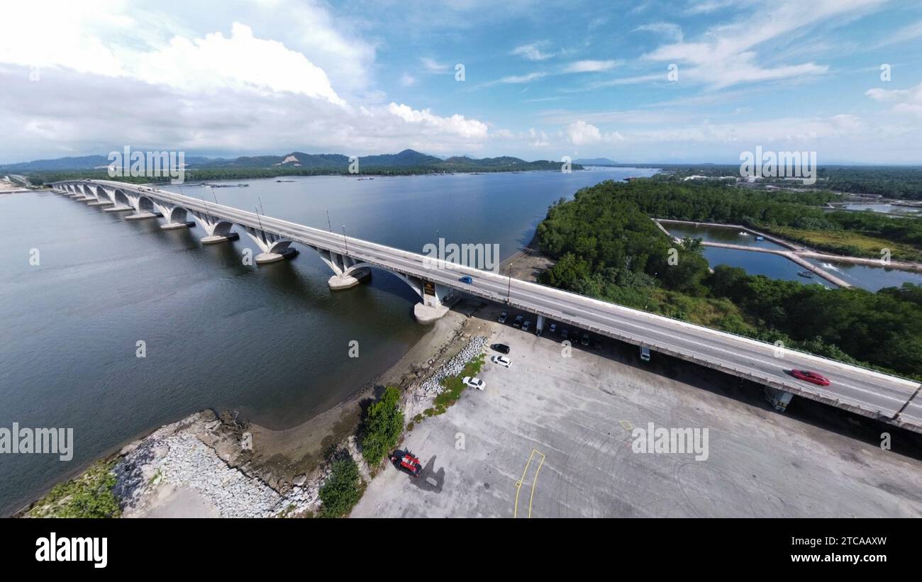 aerial ultra-wide panoramic view on the concrete highway bridge across ...