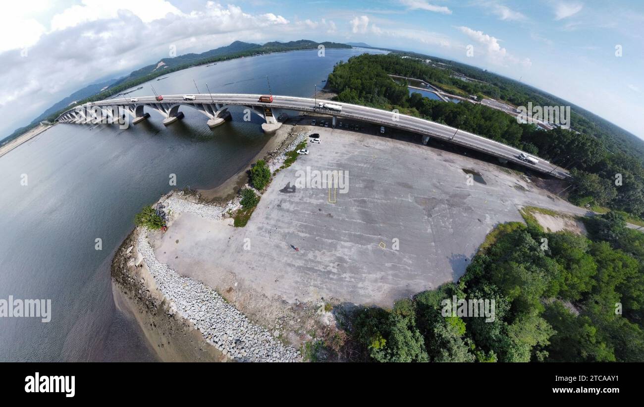 aerial ultra-wide panoramic view on the concrete highway bridge across ...