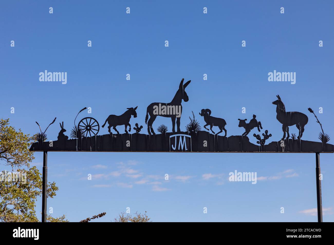 Blanco, Texas - November 2, 2023: iron entrance gate with animal ...
