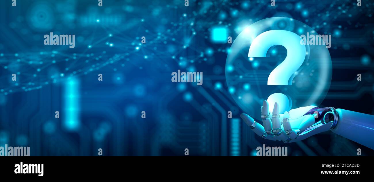 Ai Robot hand hold digital question mark. Double Exposure of Night City ...
