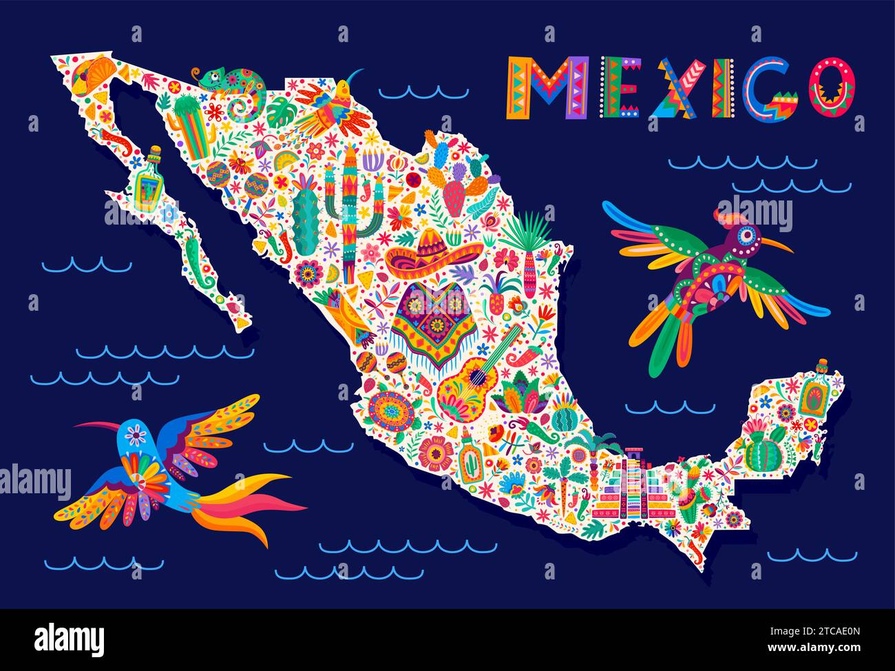 Mexican map silhouette with national symbols and tropical plants. Vector cartography contour ...