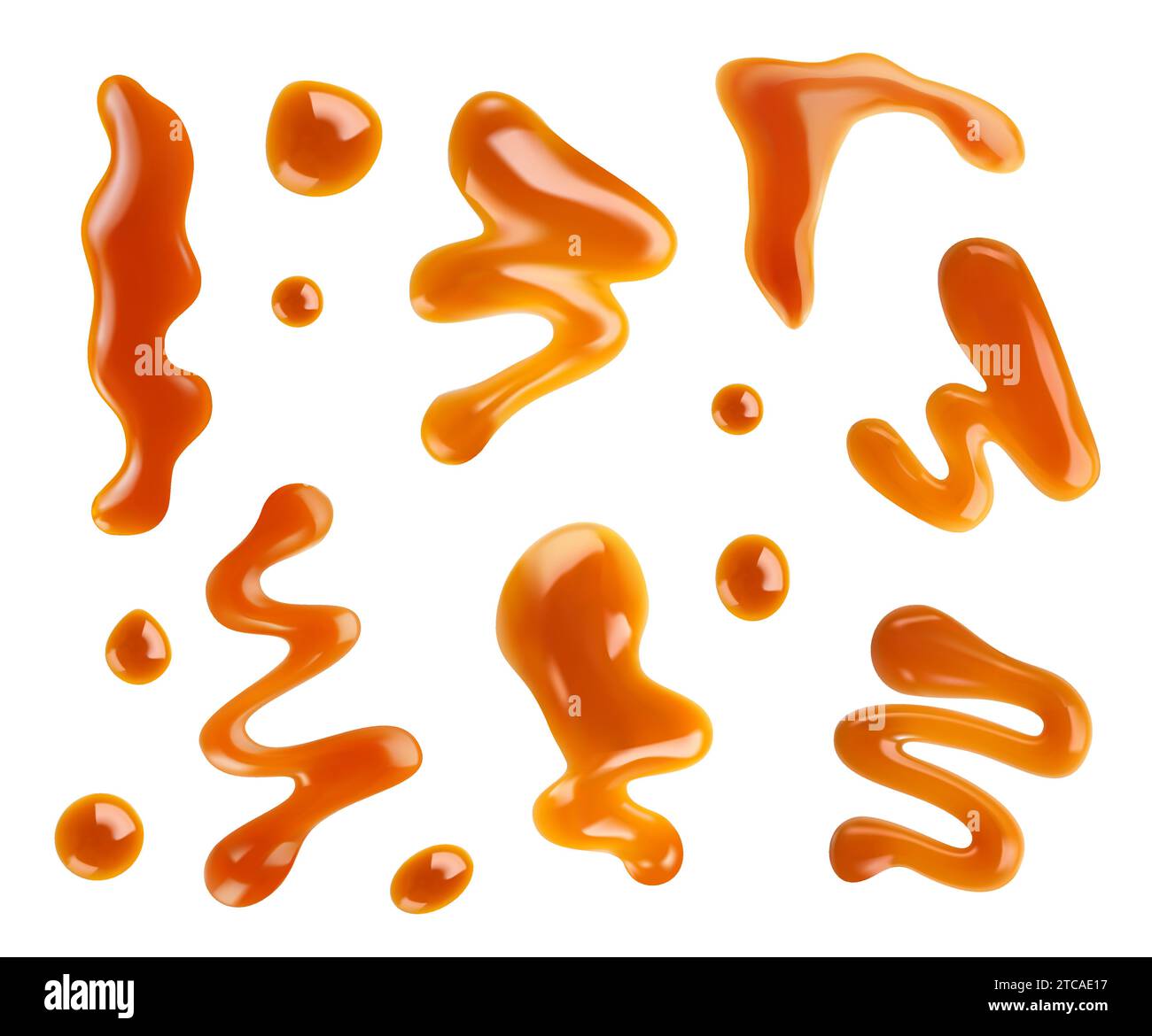 Caramel syrup swirl splash, drip and stains. Isolated 3d vector set of ...