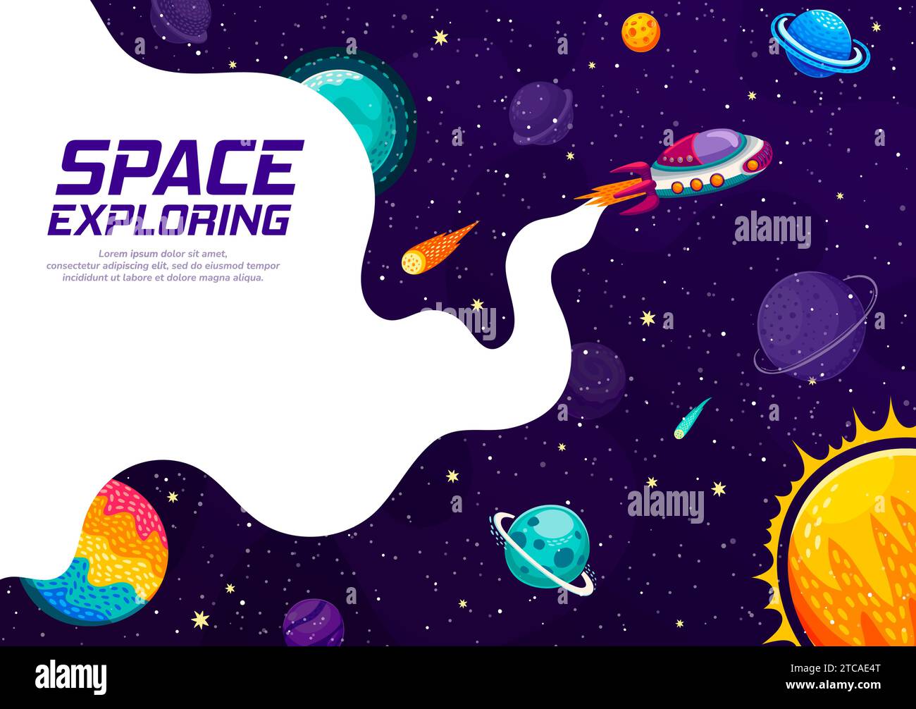 Space explore, cartoon spaceship flying in galaxy space to planets ...