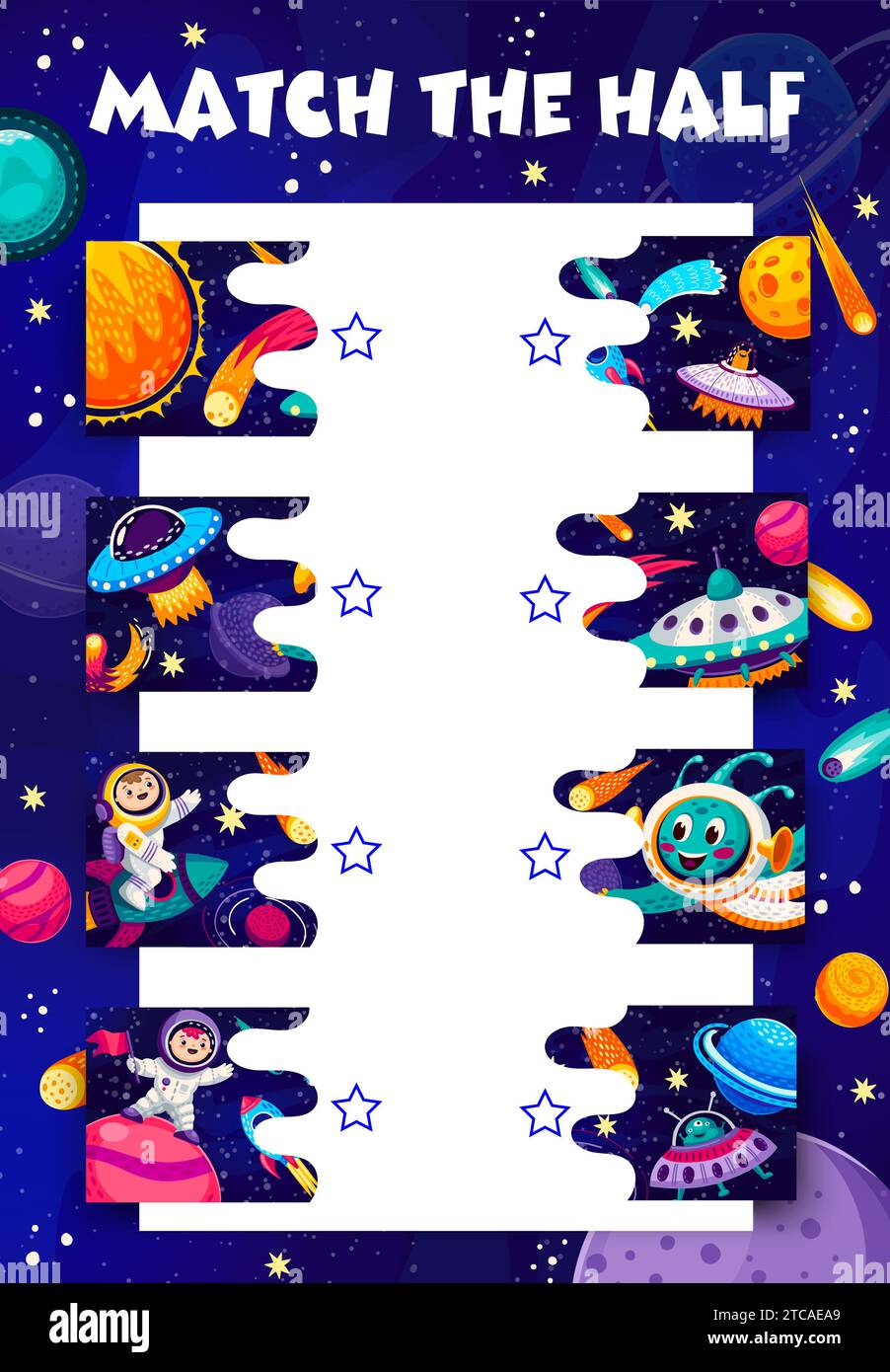 Match the half of cartoon space characters game puzzle quiz. Vector ...