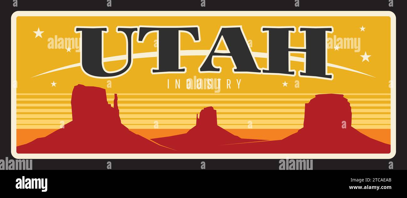 Utah USA state travel plate, tourist destination. America region retro ...