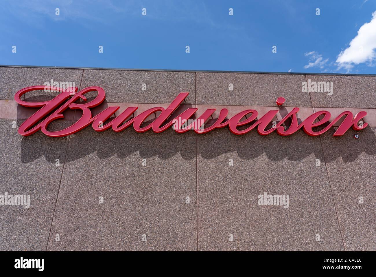 Close up of the Budweiser logo sign on the building. Colorado, USA ...
