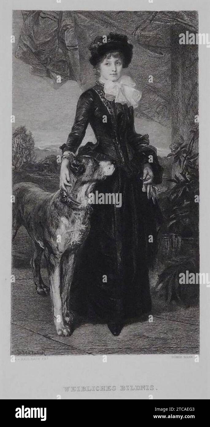 Weibliches Bildnis (mit großem Hund). Radierung von Doris Raab nach ...