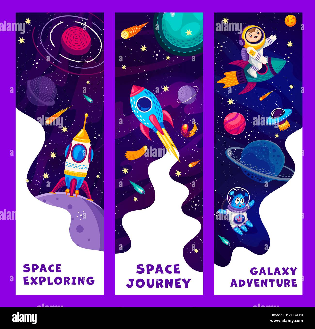 Cartoon space banners. Funny astronaut and alien, rocket and space ...