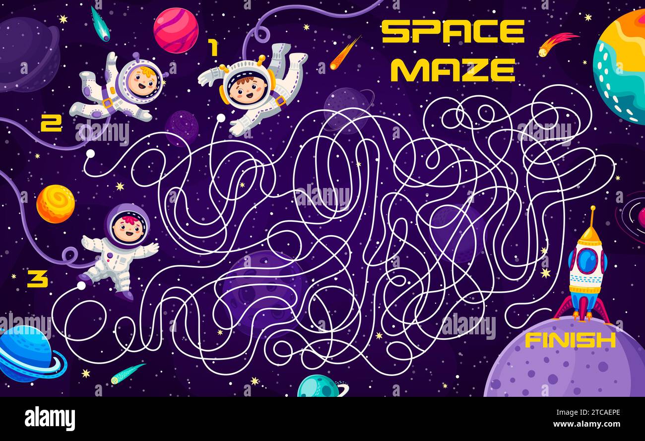 Help to astronauts find spaceship in labyrinth maze, vector quiz game ...